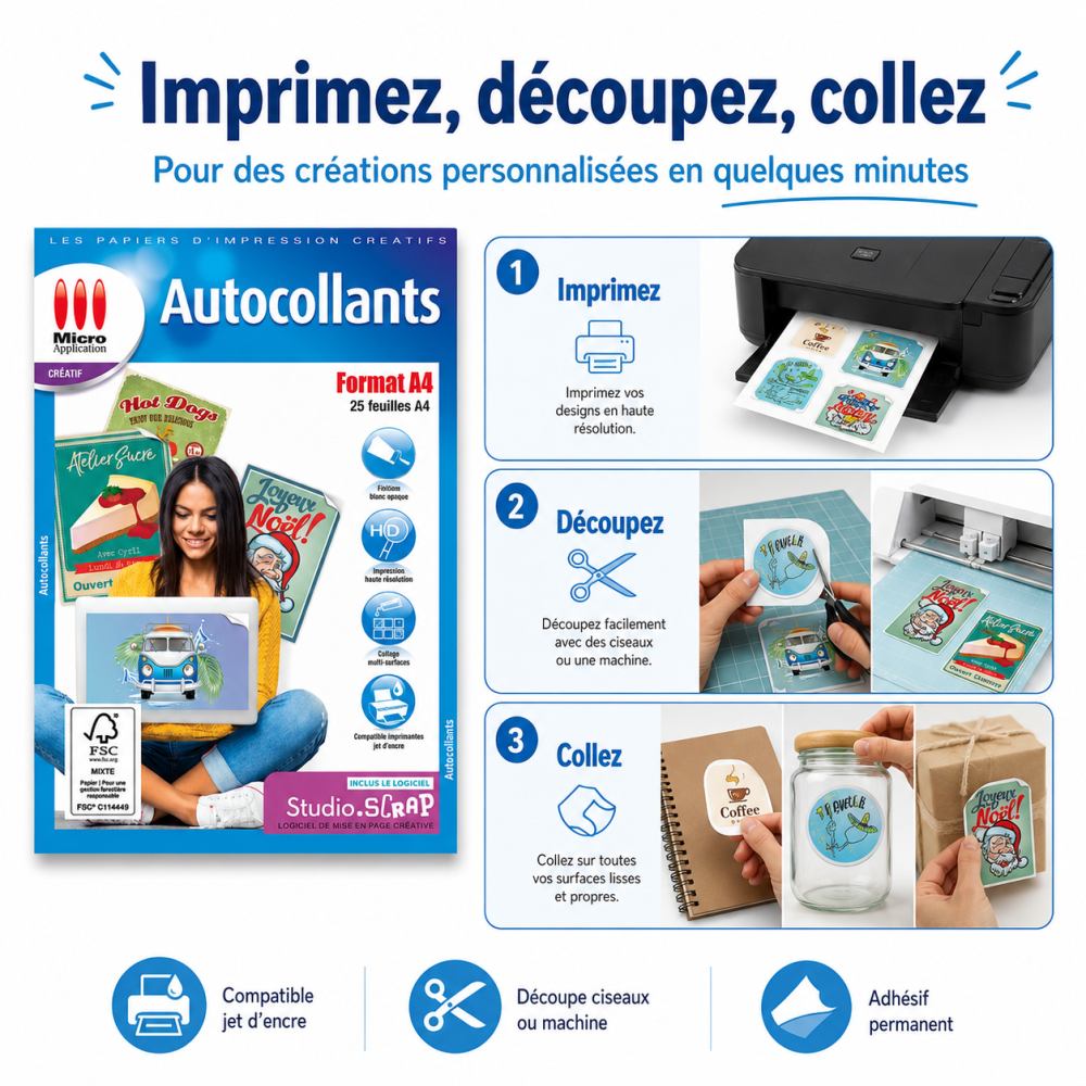 Feuilles autocollantes A4 blanches mates – 25 feuilles imprimables jet ...