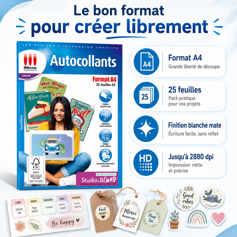 Feuilles autocollantes A4 blanches mates – 25 feuilles imprimables jet ...